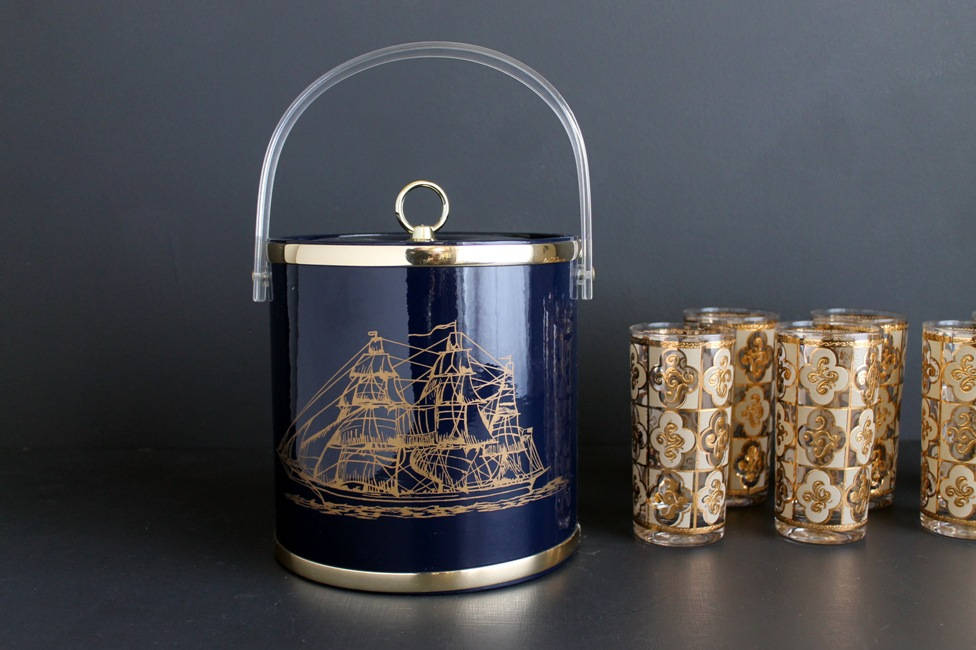 Vintage Ice Bucket Nautical Theme Navy Blue and Gold Schooner Sailing ...