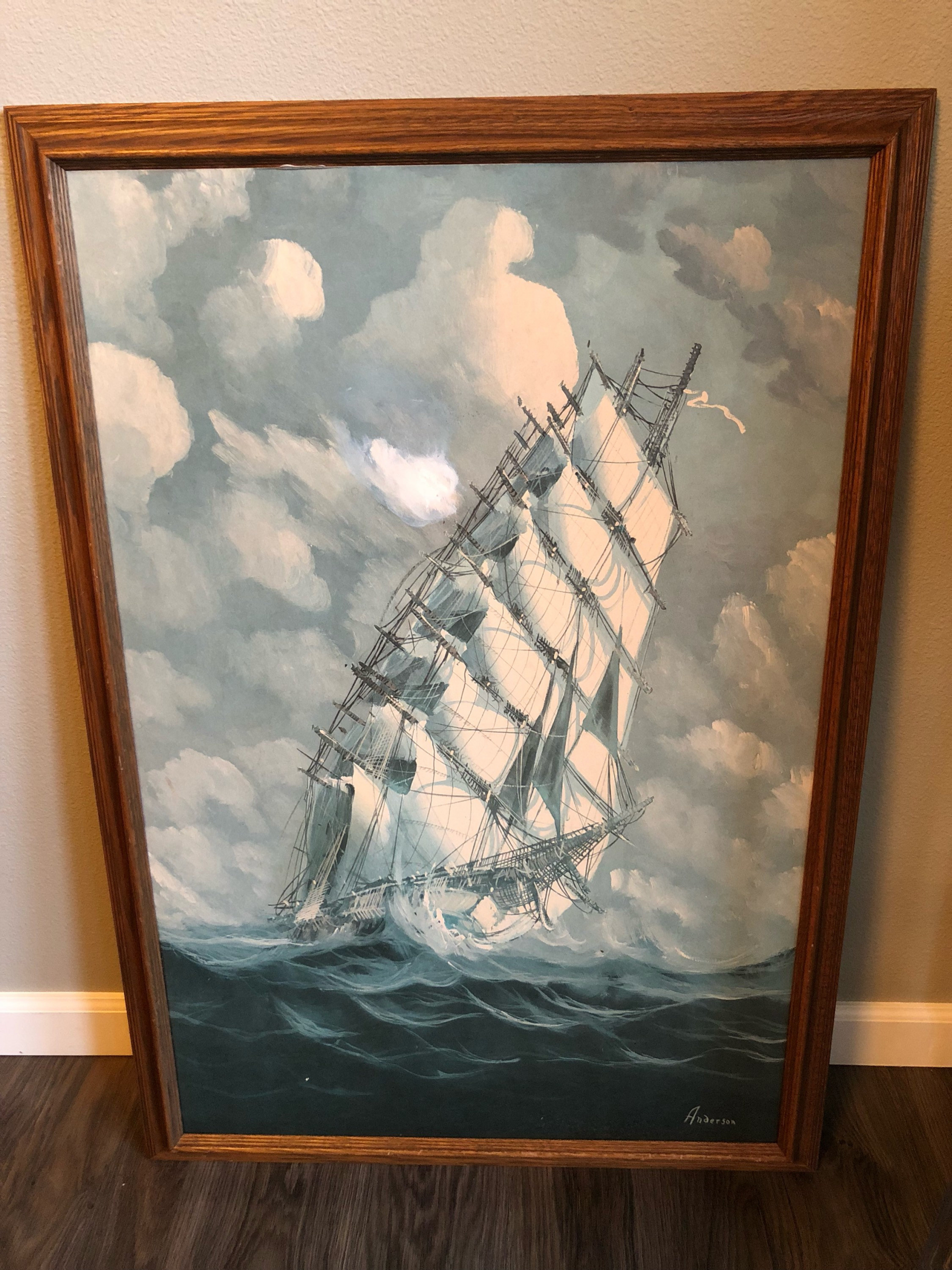 Huge Vintage 1970s Signed Clipper Ship Art Schooner Art | Schooner ...