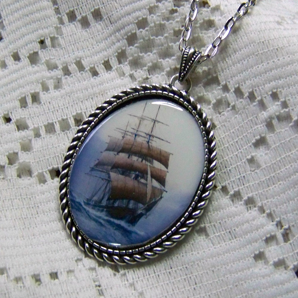 Clipper Ship Silver Rope Pendant, Nautical Schooner, Tall Ship Necklace ...