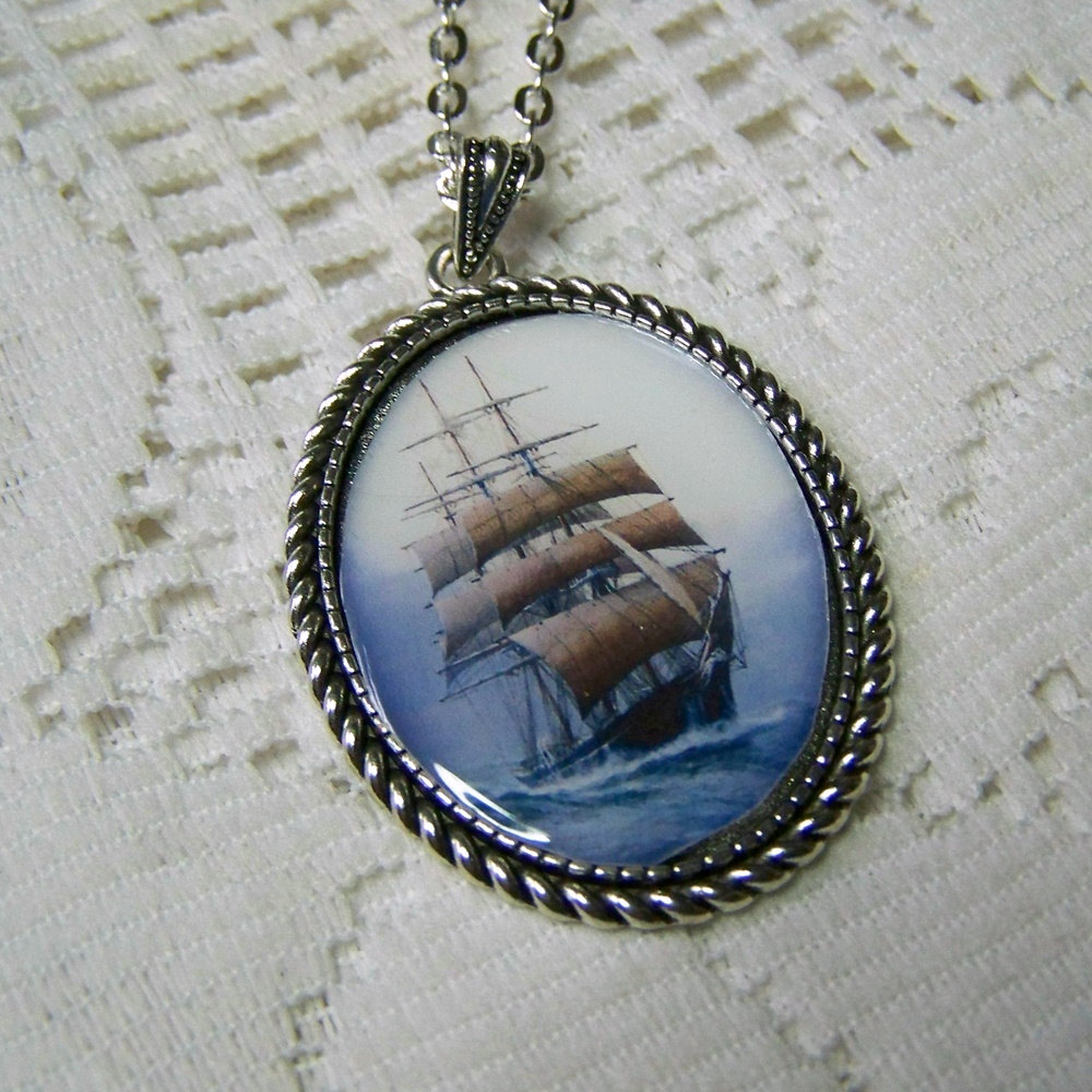 Clipper Ship Silver Rope Pendant, Nautical Schooner, Tall Ship Necklace ...