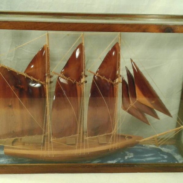 Large Wooden Schooner Ship Model With Rigging Mounted Glass Case ...