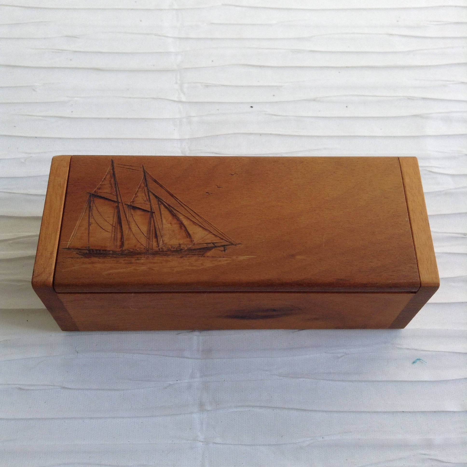 Vintage House of Myrtle Wood trinket Box. Wood box with schooner ...