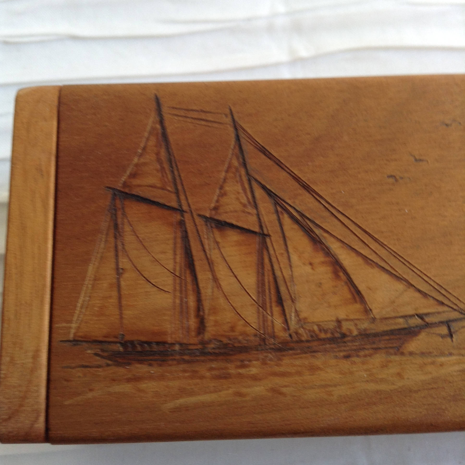 Vintage House of Myrtle Wood trinket Box. Wood box with schooner ...