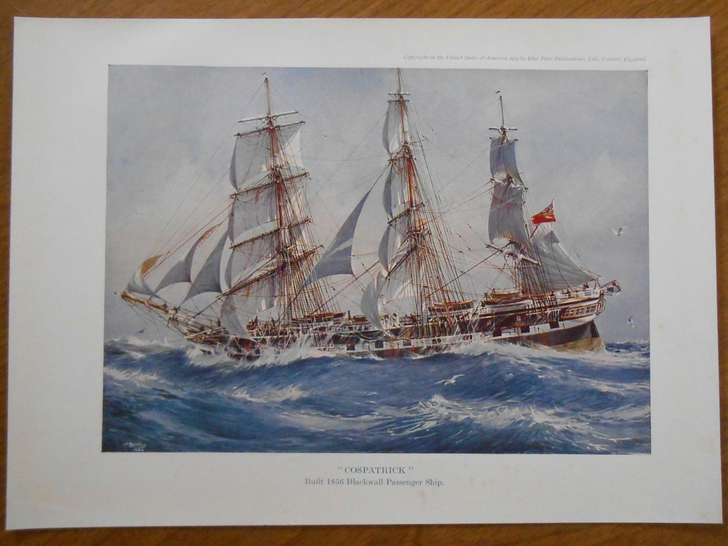 Clipper Ship, Nautical Art, Vintage 1940 Sailing Ship print, old print ...