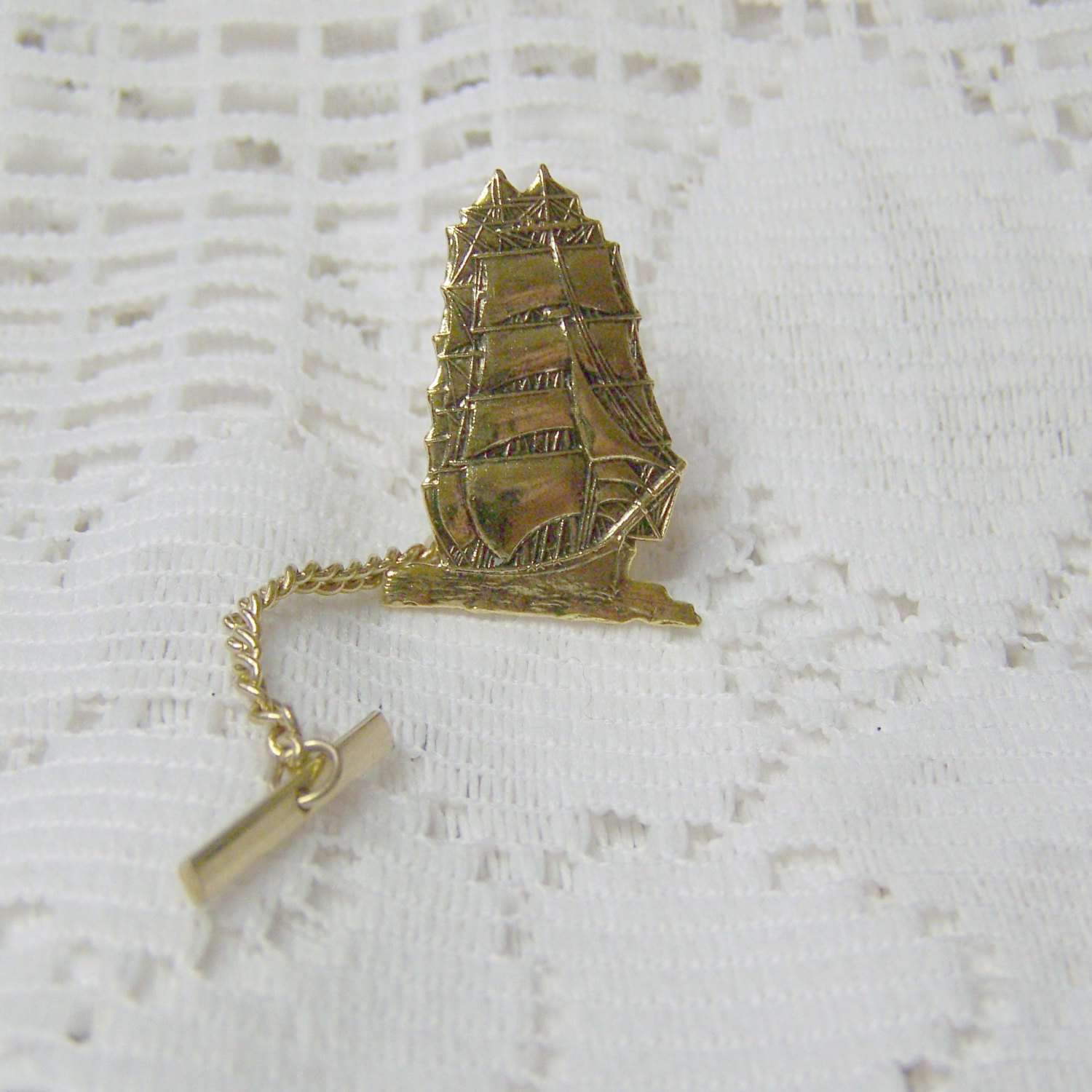 Antiqued Gold Clipper Ship Tie Tack with chain - 18th Century Schooner ...