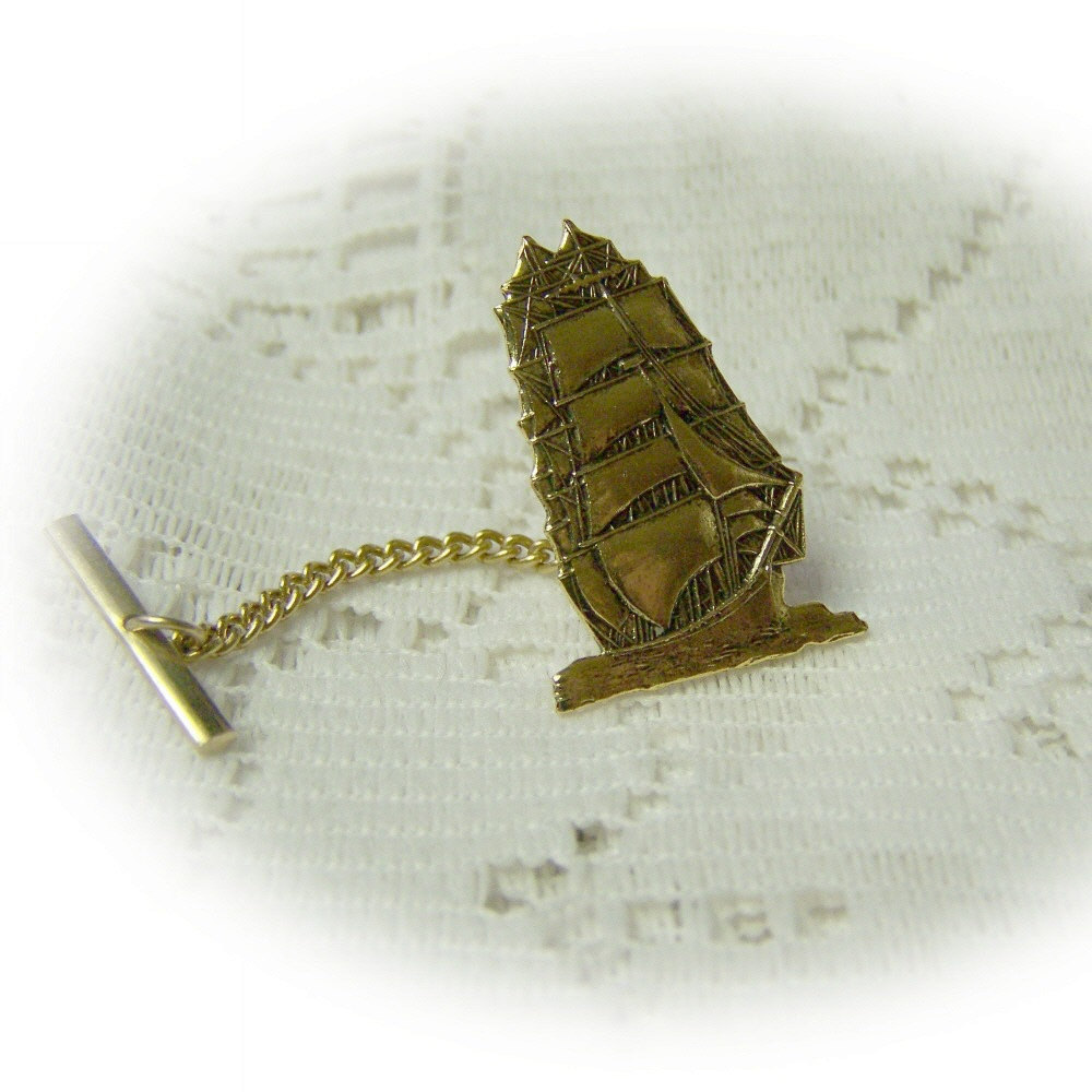 Antiqued Gold Clipper Ship Tie Tack with chain - 18th Century Schooner ...