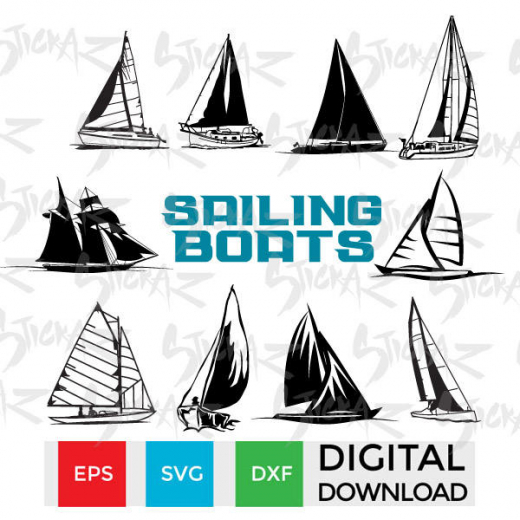 10 Sailing boats vessels, yacht, SVG, eps, dxf, JPG cut files, stencils ...