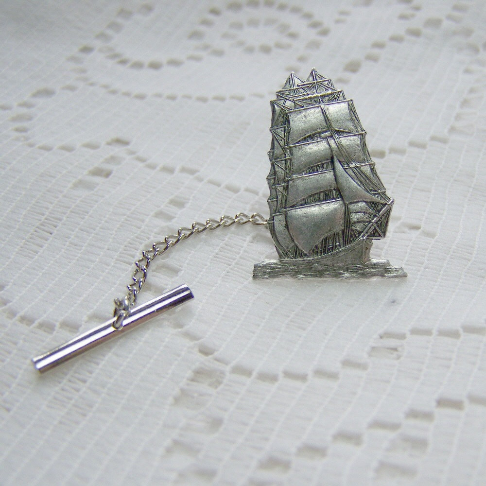 Clipper Ship Tie Tack with chain - 18th Century Schooner - Silver ...