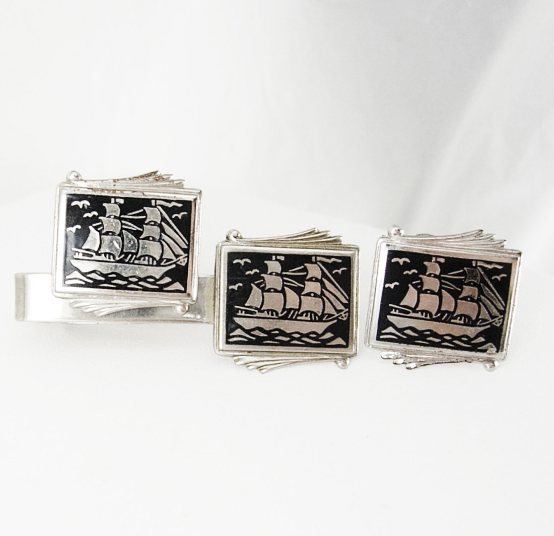 Pirate Cuff links Silver Vintage Ship Cufflinks schooner sailing boats ...