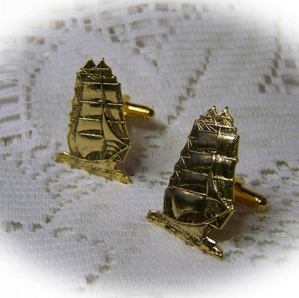 Clipper Ship Cuff Links, Antiqued Gold,, Tall Ship, Schooner, 18th ...