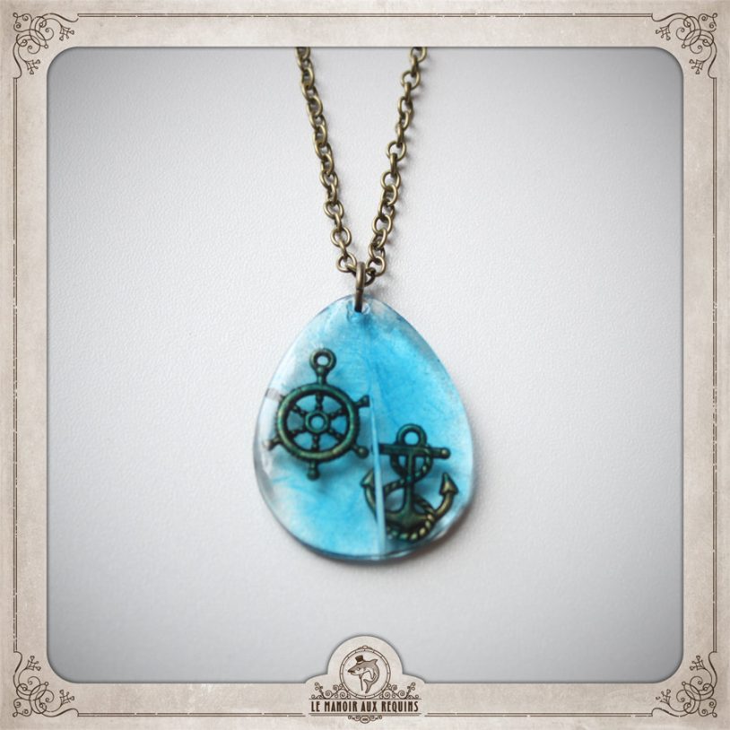 STEAMPUNK nautical necklace, brass and resin and real blue feather ...