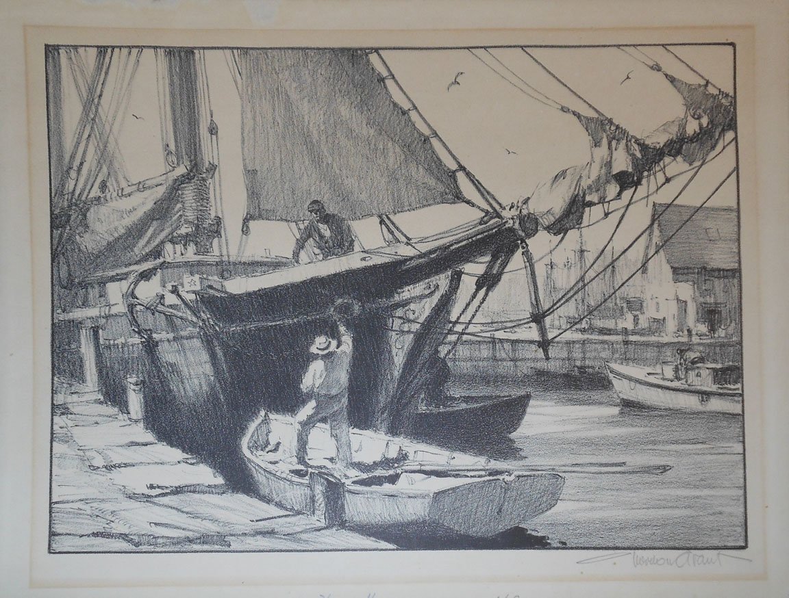vintage Gordon Grant stone lithograph of schooner ship docked in harbor ...
