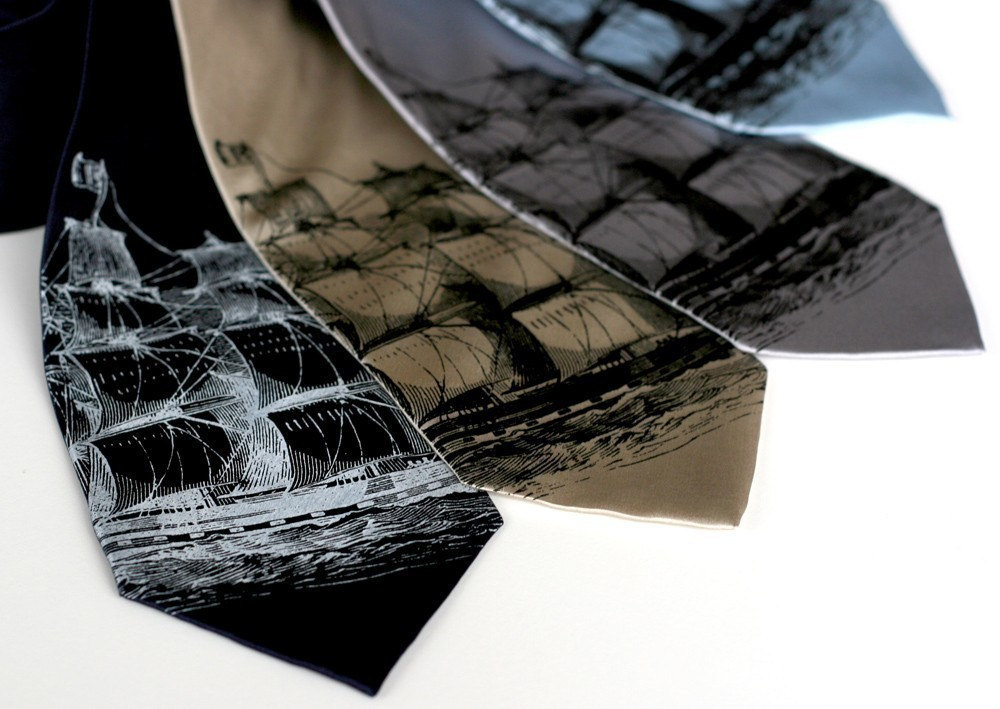 Clipper Ship Necktie. Men's nautical print tie. Pirate, schooner ...