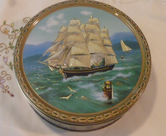 Vintage Tin Box - Nautical Cookie Tin - Made in Denmark - Embossed Teal ...
