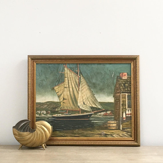 Vintage Schooner Painting New England Harbor Nautical Coastal Sailboat ...