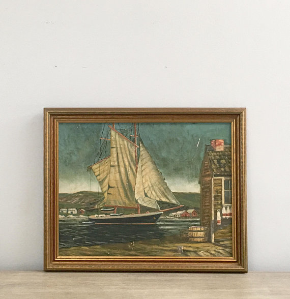 Vintage Schooner Painting New England Harbor Nautical Coastal Sailboat ...