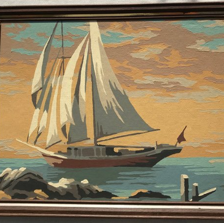 Vintage pair of framed paint by number boats, ships, sailboats ...
