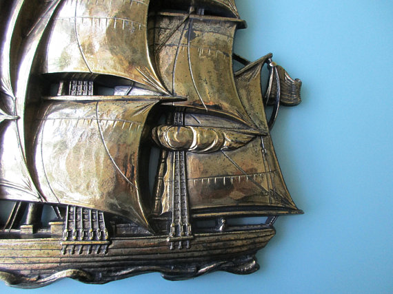 12x16" Gold Clipper Ship Wall Art Rare 1960s Syroco Company 3D Nautical ...
