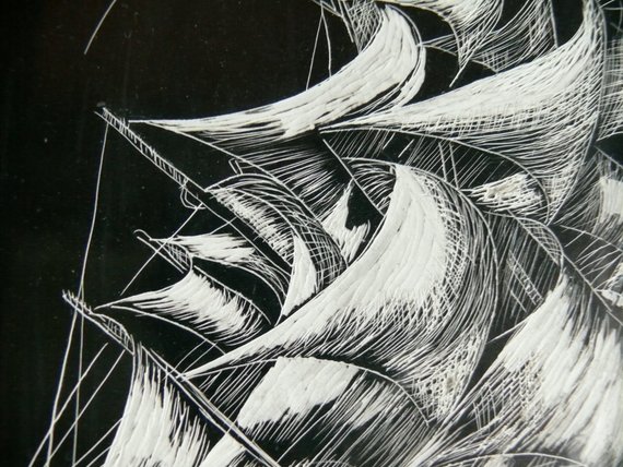 Scratchboard Original Schooner Sailing Ship Drawing, Matted and Framed ...