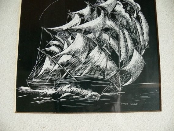 Scratchboard Original Schooner Sailing Ship Drawing, Matted and Framed ...