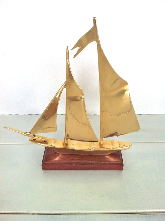 Brass Ship on Wooden Base/Vintage Brass Sailing Ship/Brass Clipper Ship ...