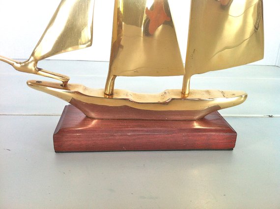 Brass Ship On Wooden Basevintage Brass Sailing Shipbrass Clipper Shipbrass Schoonerbrass