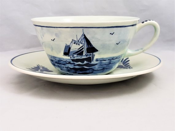 A set of 2 Vintage Delft Teacups with Sailboats , Delftware Teacups and ...