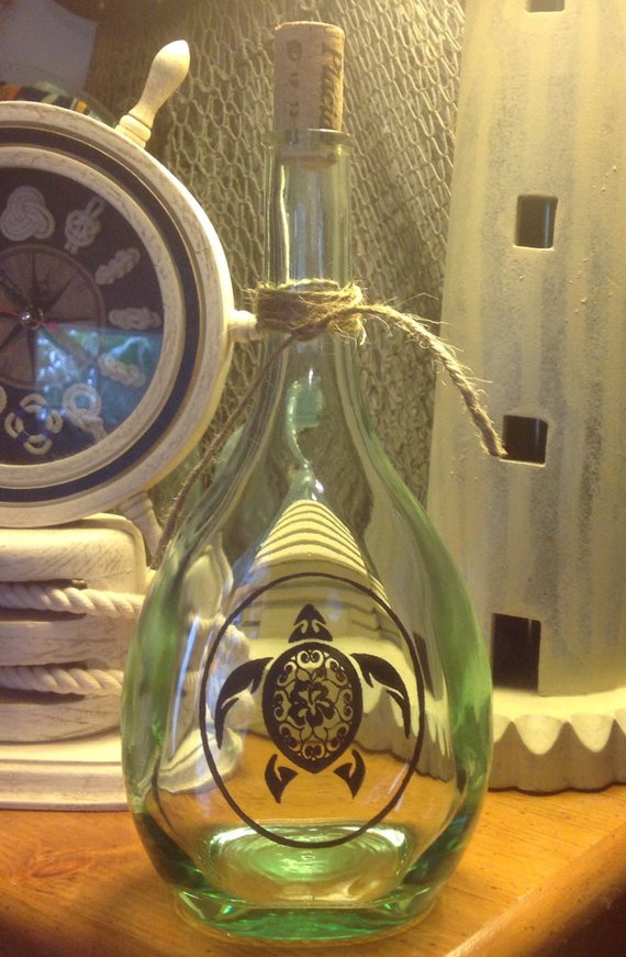 Etched Brandy Bottle, Fancy Sea Turtle | Schooner Chandlery