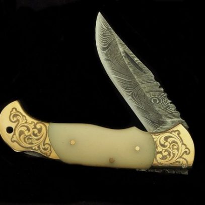 Custom hand engraved damascus steel folding pocket knife, bone handle ...