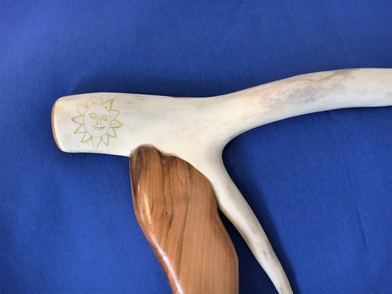 cane walking stick antler sun moon scrimshaw | Schooner Chandlery