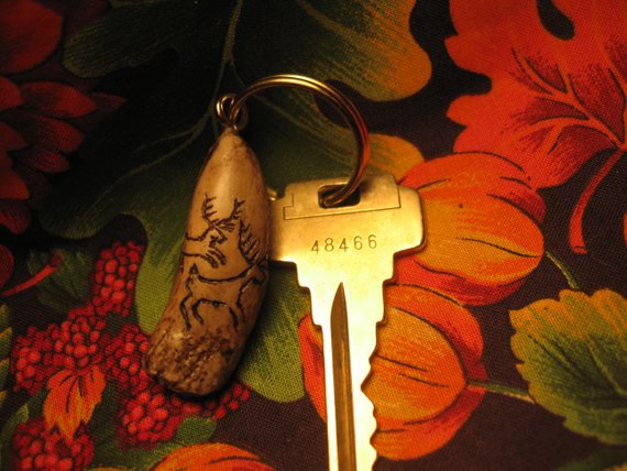 Handmade fossil tooth running stag deer scrimshaw reproduction key fob ...