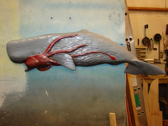 Sperm Whale and Giant Squid Wood Carved Wall Replica Moby Dick Melville ...