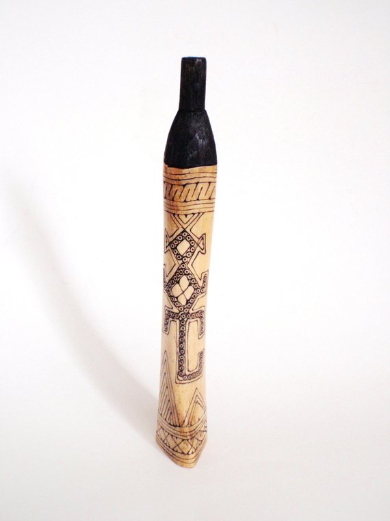 Vintage African Scrimshaw Bone Snuff Bottle with Carved Wood Stopper ...