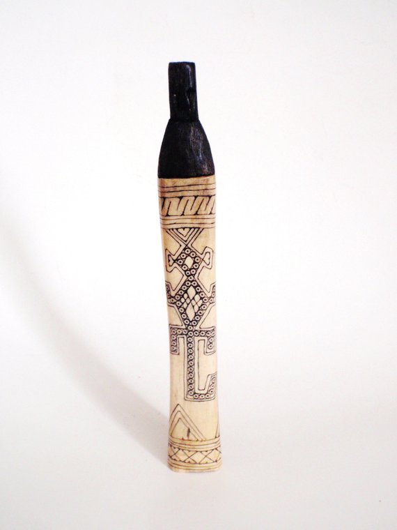 Vintage African Scrimshaw Bone Snuff Bottle with Carved Wood Stopper ...