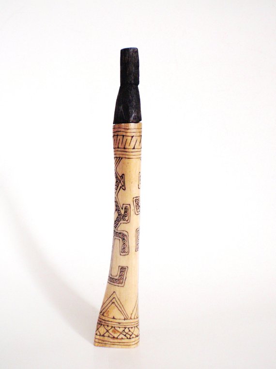 Vintage African Scrimshaw Bone Snuff Bottle with Carved Wood Stopper ...