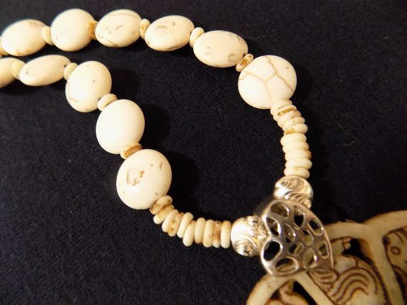 Striking White Jade Chinese Symbol Pendant with Smooth Round Magnesite ...