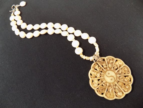 Striking White Jade Chinese Symbol Pendant with Smooth Round Magnesite ...