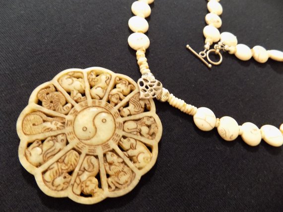 Striking White Jade Chinese Symbol Pendant with Smooth Round Magnesite ...