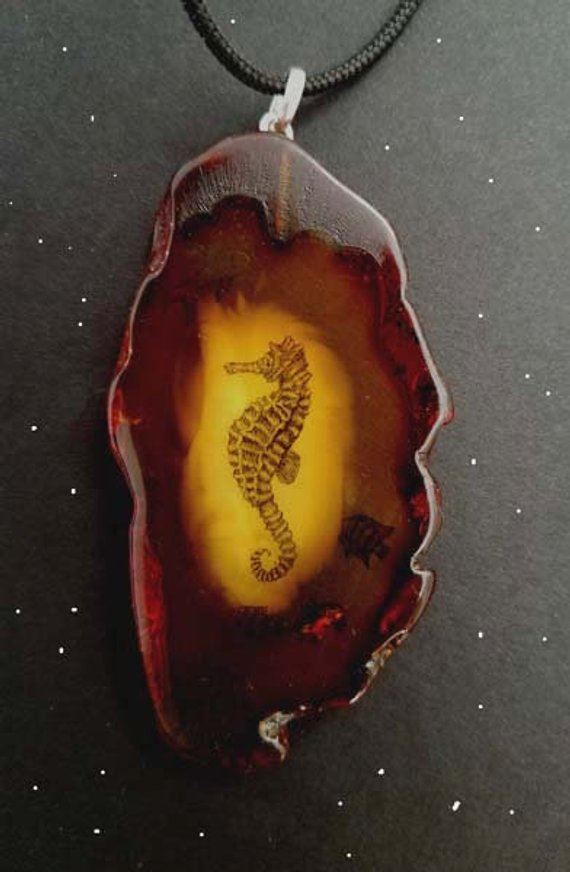 Original Scrimshaw mermaid seahorse on Baltic Amber reversible pendant ...