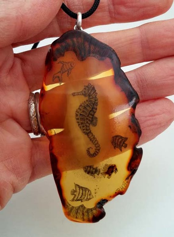 Original Scrimshaw mermaid seahorse on Baltic Amber reversible pendant ...
