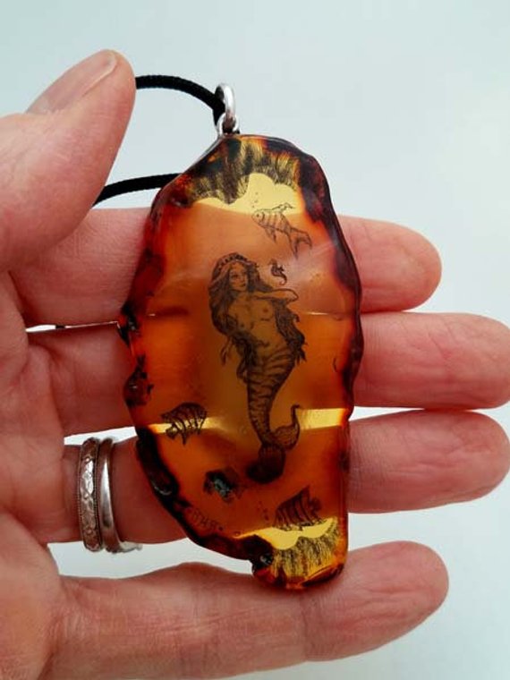 Original Scrimshaw mermaid seahorse on Baltic Amber reversible pendant ...