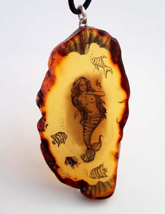 Original Scrimshaw mermaid seahorse on Baltic Amber reversible pendant ...
