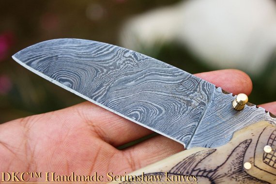 DKC-590 PILOT Fish Bone Damascus Folding Pocket Knife by dkc knives tm ...