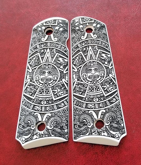 Colt 1911 custom engraved imitation ivory scrimshaw grips Aztec ...