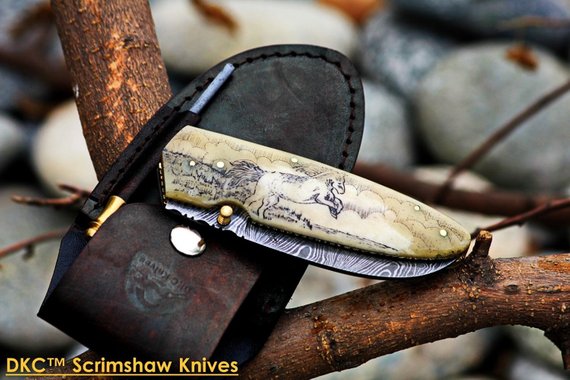 DKC-613 Mustang Horse Scrimshaw Damascus Folding Pocket Knife 5" Folded ...