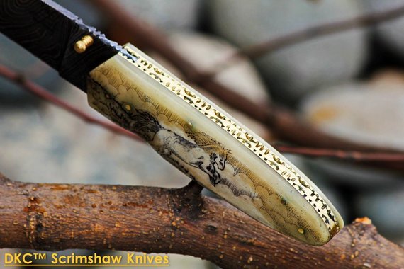 DKC-613 Mustang Horse Scrimshaw Damascus Folding Pocket Knife 5" Folded ...