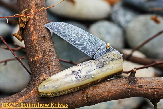 DKC-613 Mustang Horse Scrimshaw Damascus Folding Pocket Knife 5" Folded ...