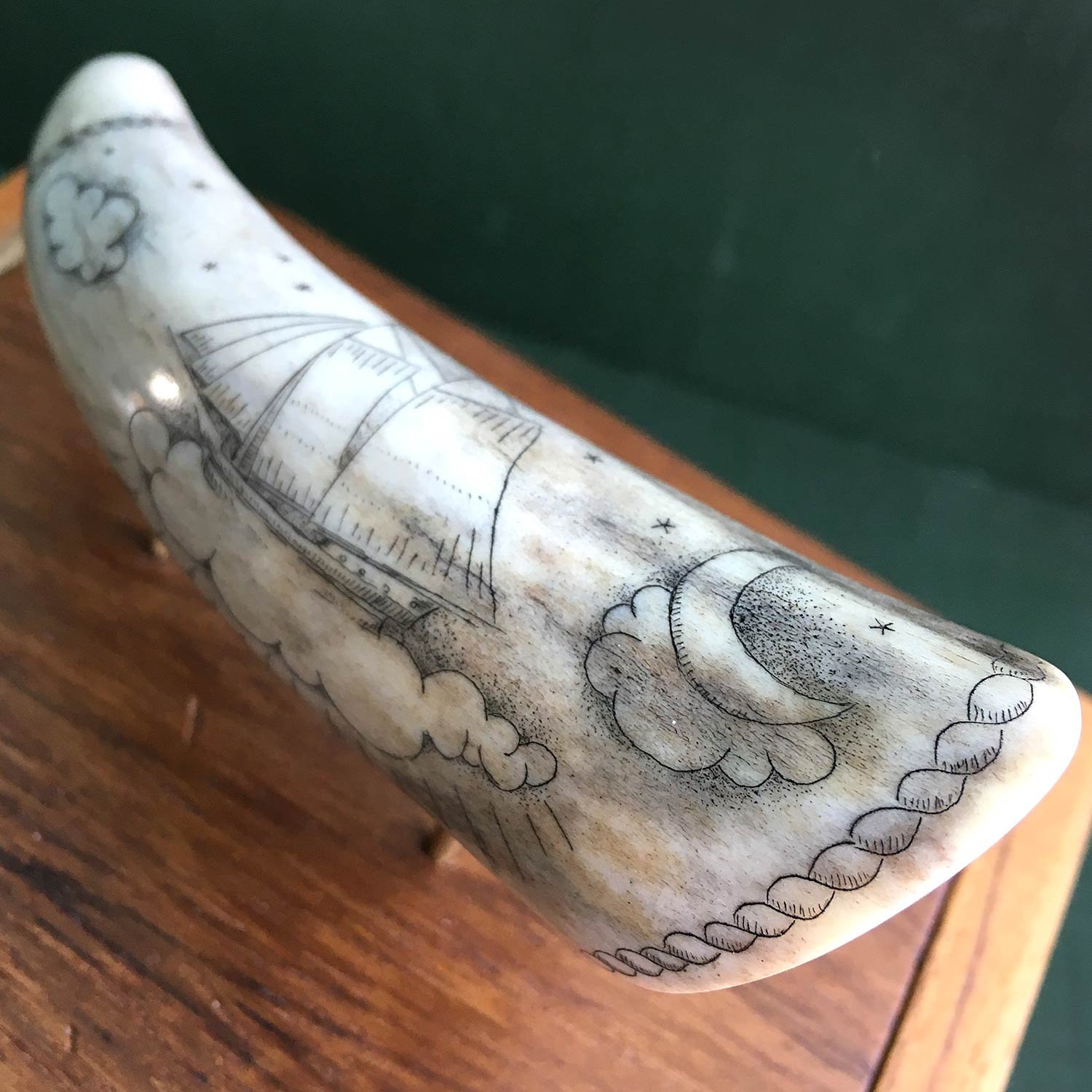 Dreaming Away: hand-engraved deer antler scrimshaw on teak hardwood ...