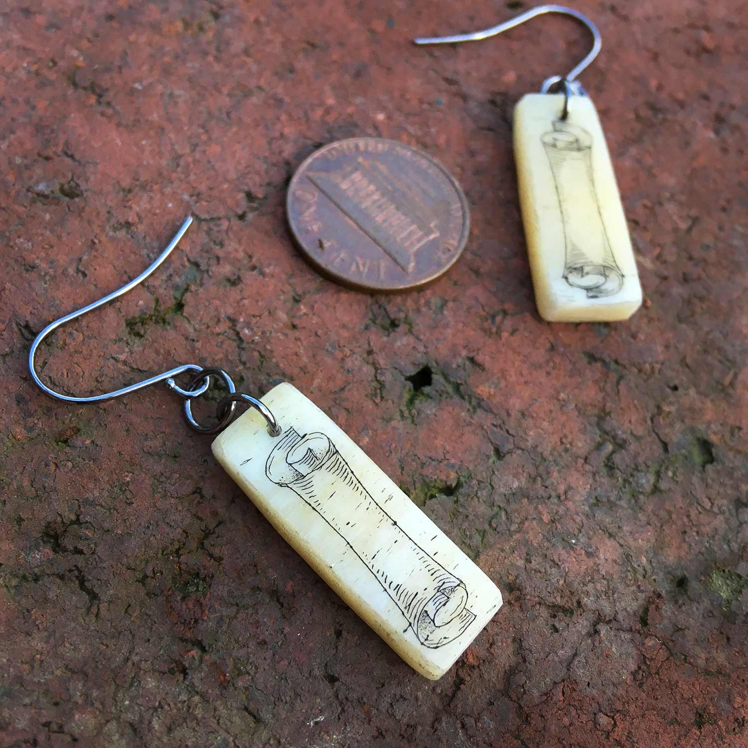 Two Ancient Scrolls: hand-engraved scrimshaw dangle earrings on bone ...