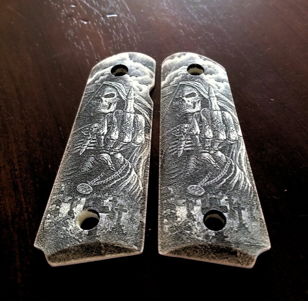 1911 custom engraved ivory scrimshaw grips Skull Grim Reaper Flip 2 ...